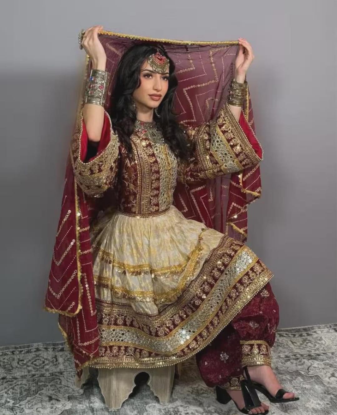 Afghan Traditional Kuchi Dress | Handmade Maroon & Gold Embroidered ...
