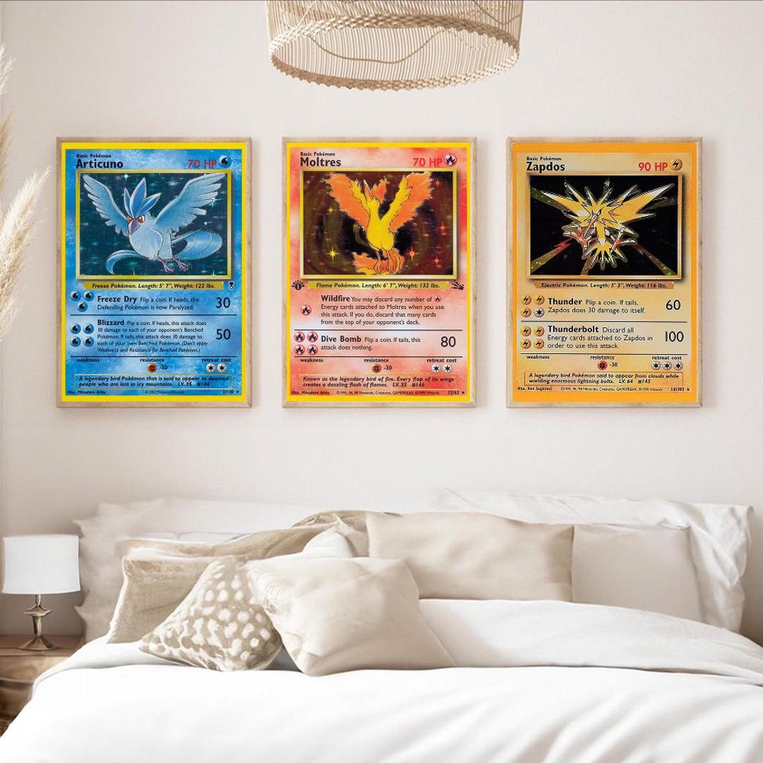Articuno Moltres Zapdos Wall Art, Retro Game Room Decor, Gen 1 Pokémon ...
