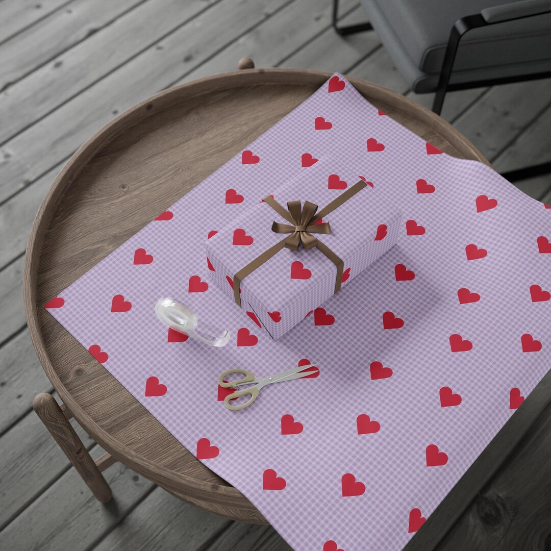 Red Heart Pattern Wrapping Paper | Purple Gingham Hearts | Valentine ...