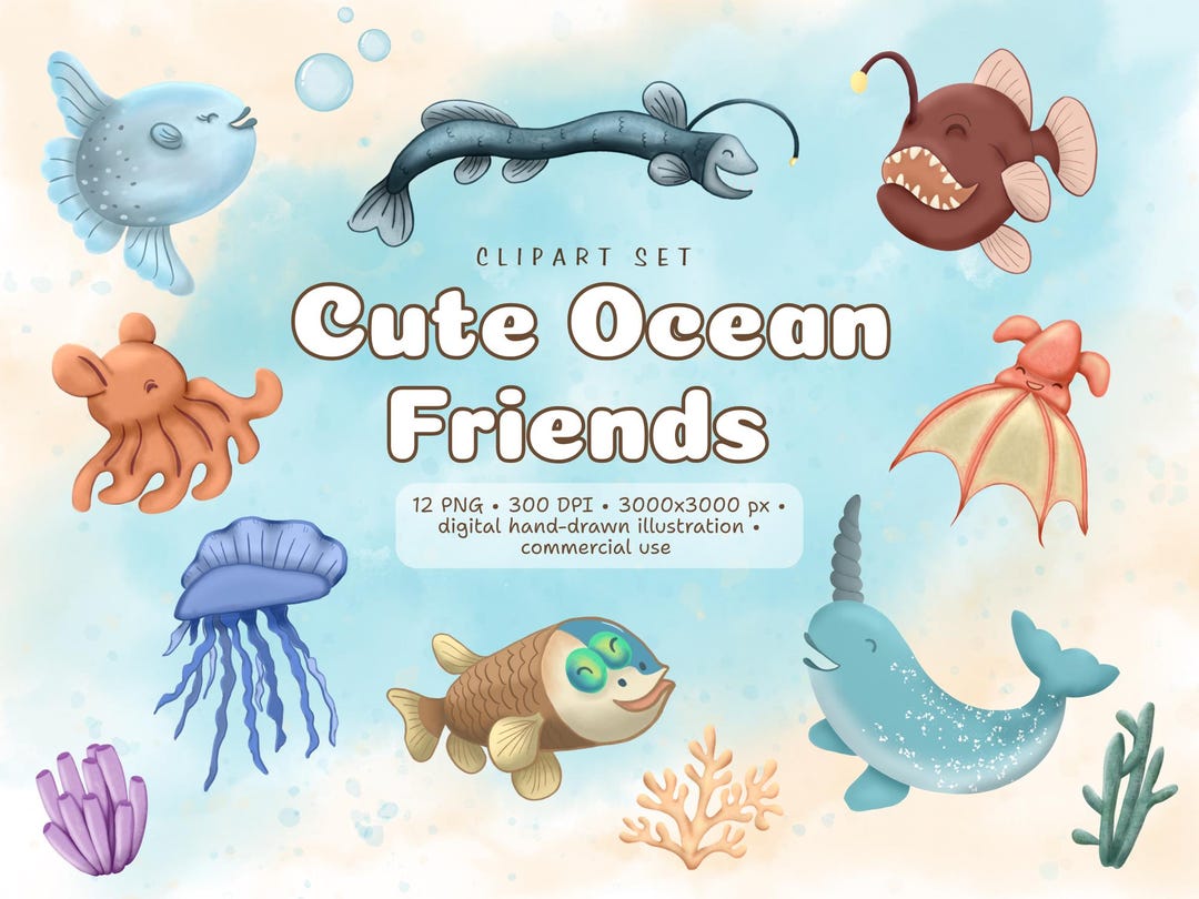 Ocean Creatures Clipart PNG, Sea Life Illustrations, Deep Sea Fish ...