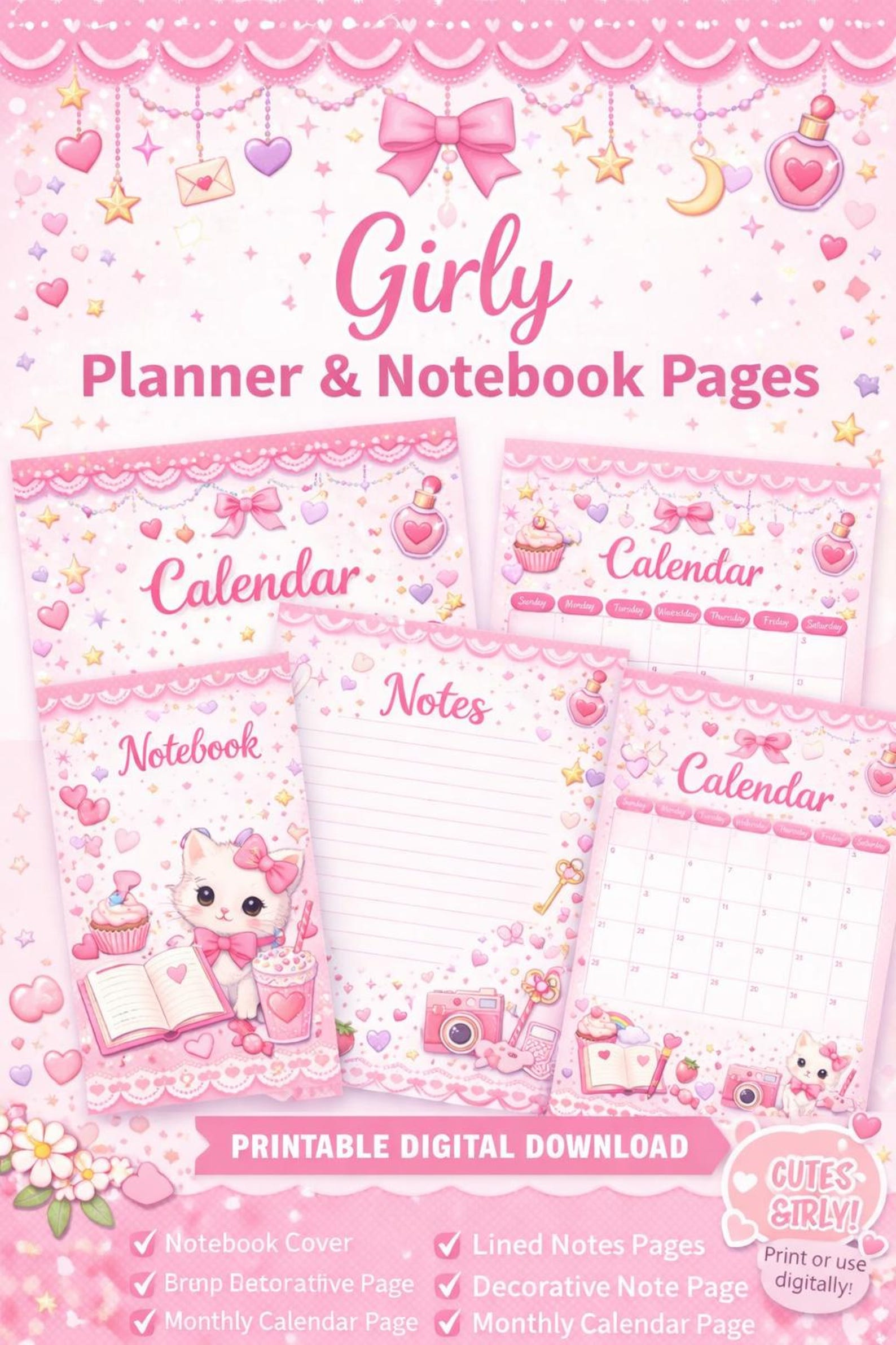Girly Kawaii Planner & Notebook Pages – Printable Digital Download - Etsy