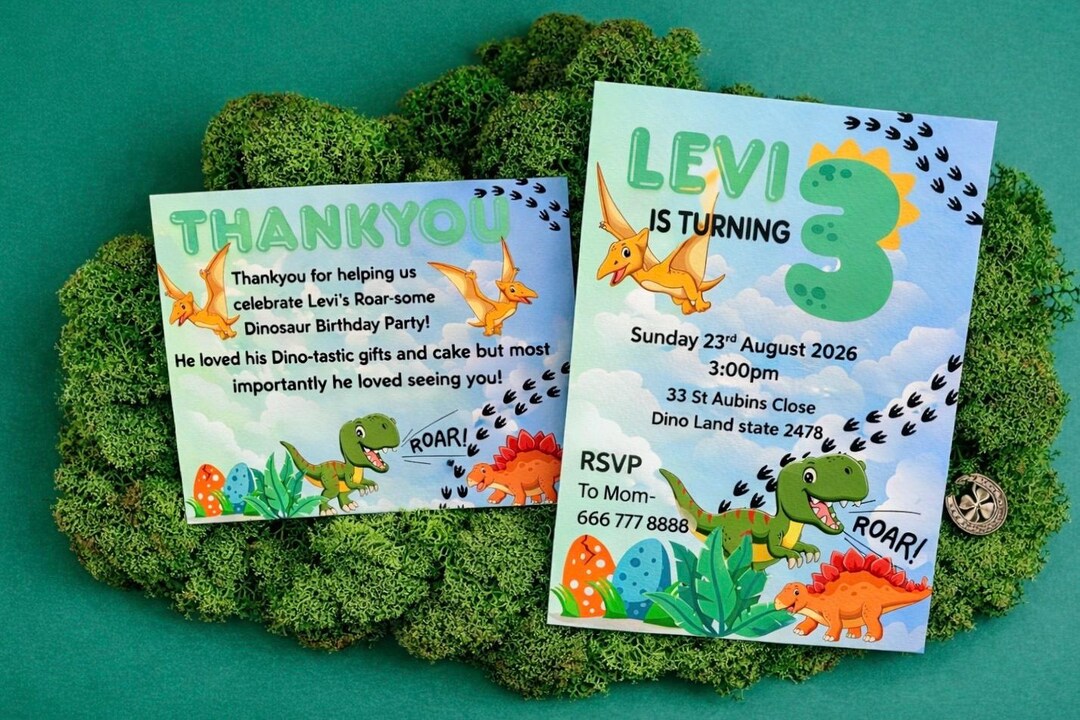 Dinosaur Birthday Invitation & Thankyou Card Bundle, Dino Party Invite ...