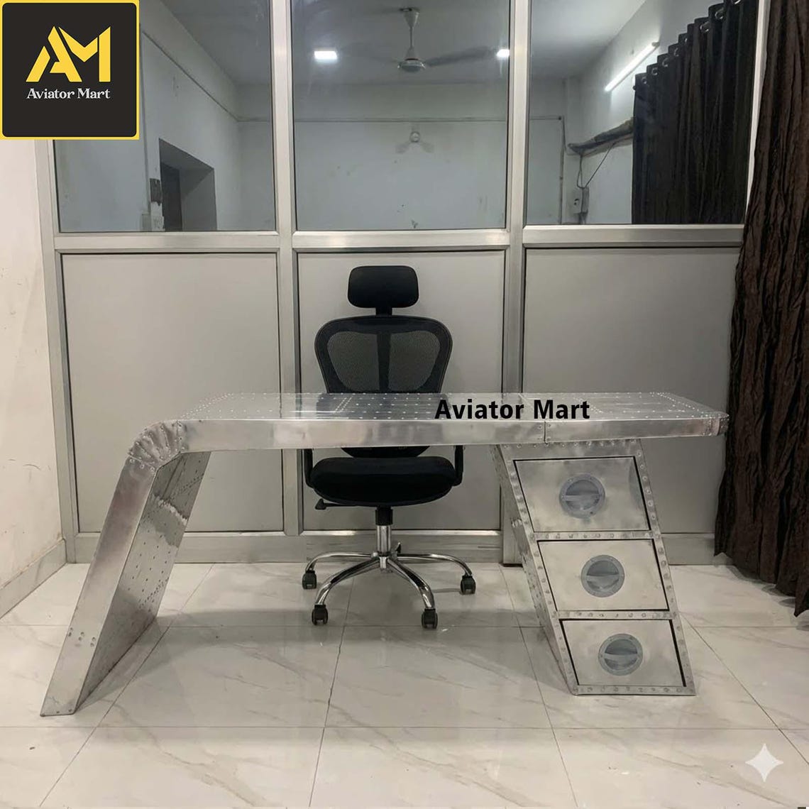 Aviator Wing Desk | Aircraft Riveted Aluminum Desk With Drawers ...