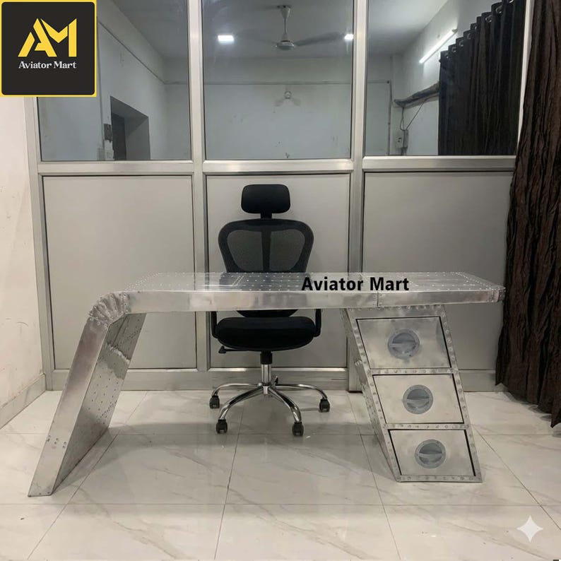 Aviator Wing Desk | Aircraft Riveted Aluminum Desk With Drawers ...