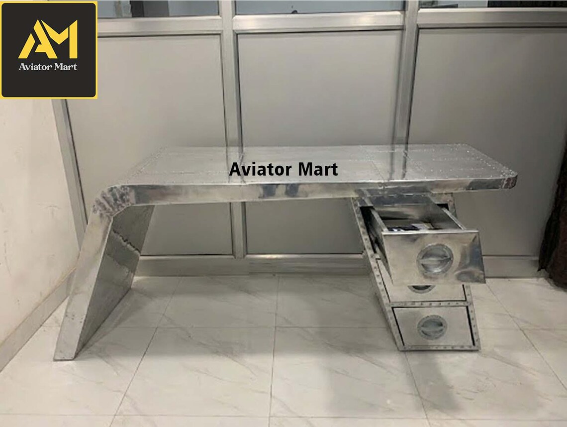 Aviator Wing Desk | Aircraft Riveted Aluminum Desk With Drawers ...
