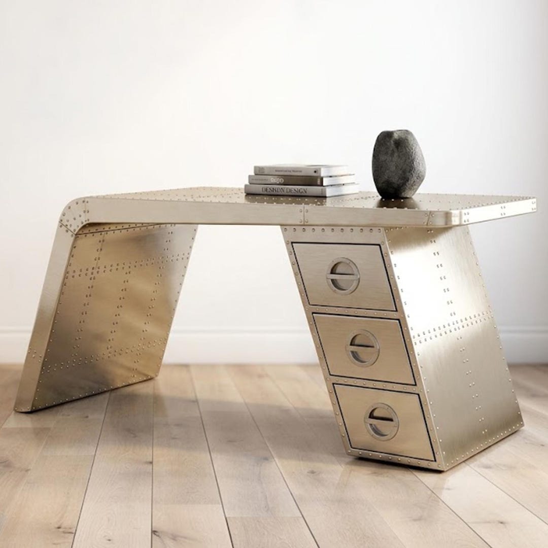 Aviator Wing Desk | Aircraft Riveted Aluminum Desk With Drawers ...