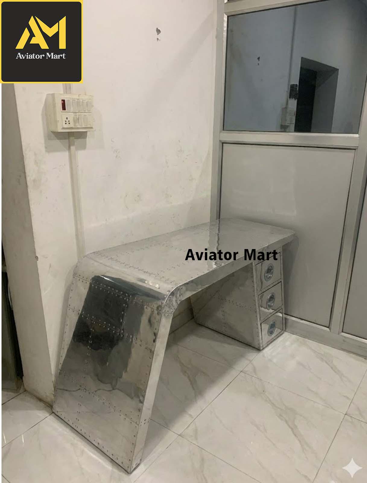 Aviator Wing Desk | Aircraft Riveted Aluminum Desk With Drawers ...