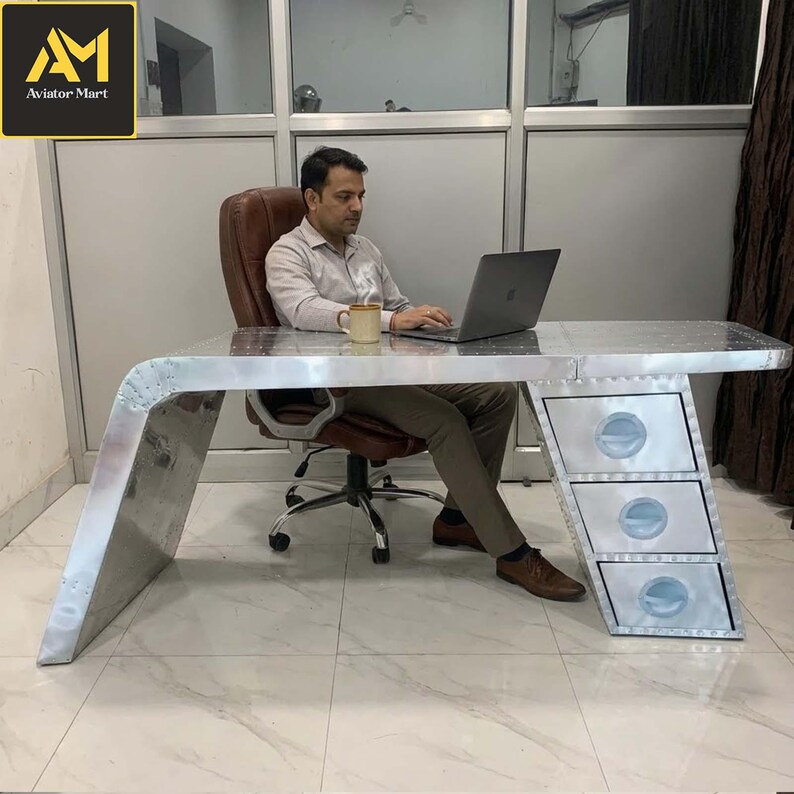 Aviator Wing Desk | Aircraft Riveted Aluminum Desk With Drawers ...