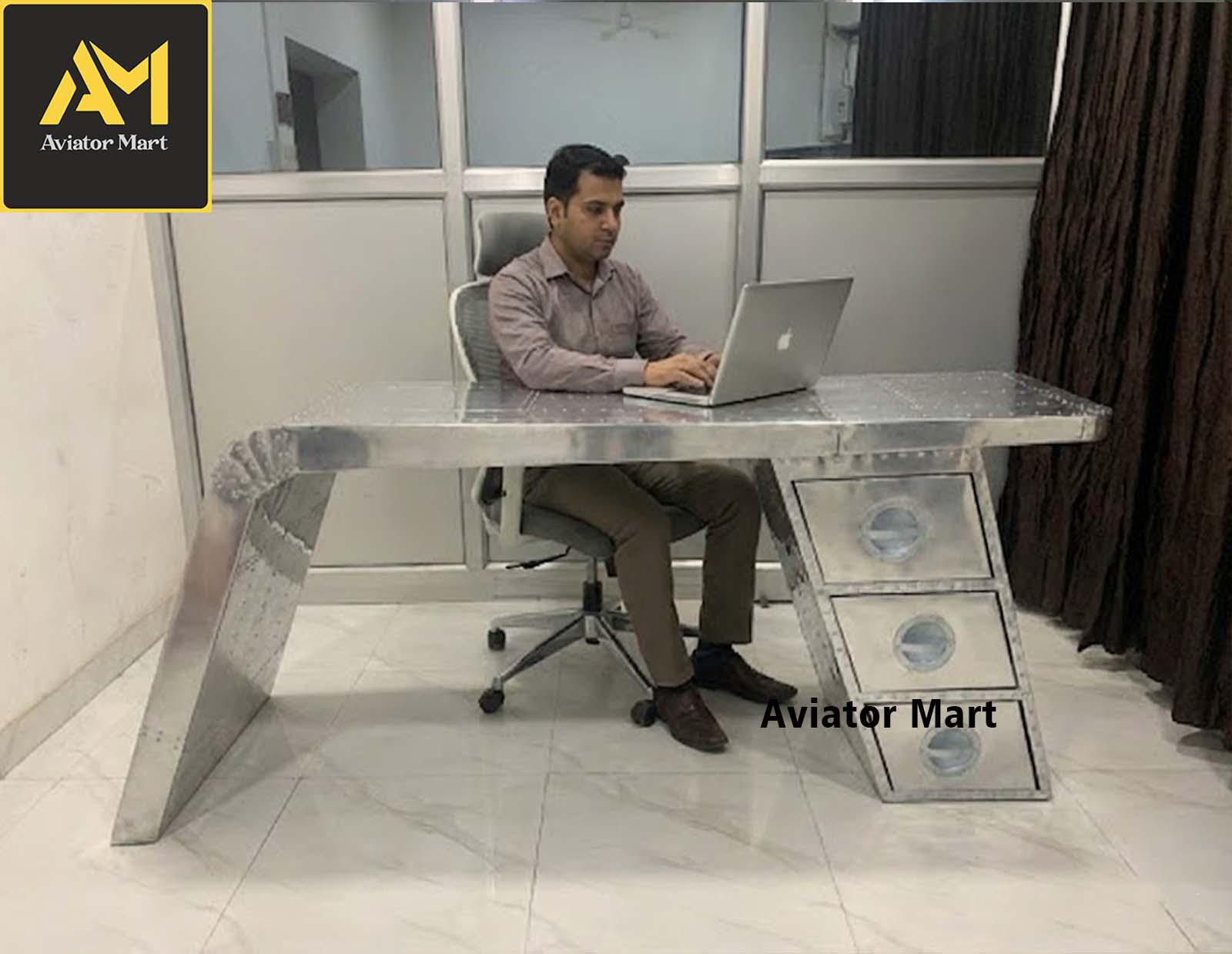 Aviator Wing Desk | Aircraft Riveted Aluminum Desk With Drawers ...