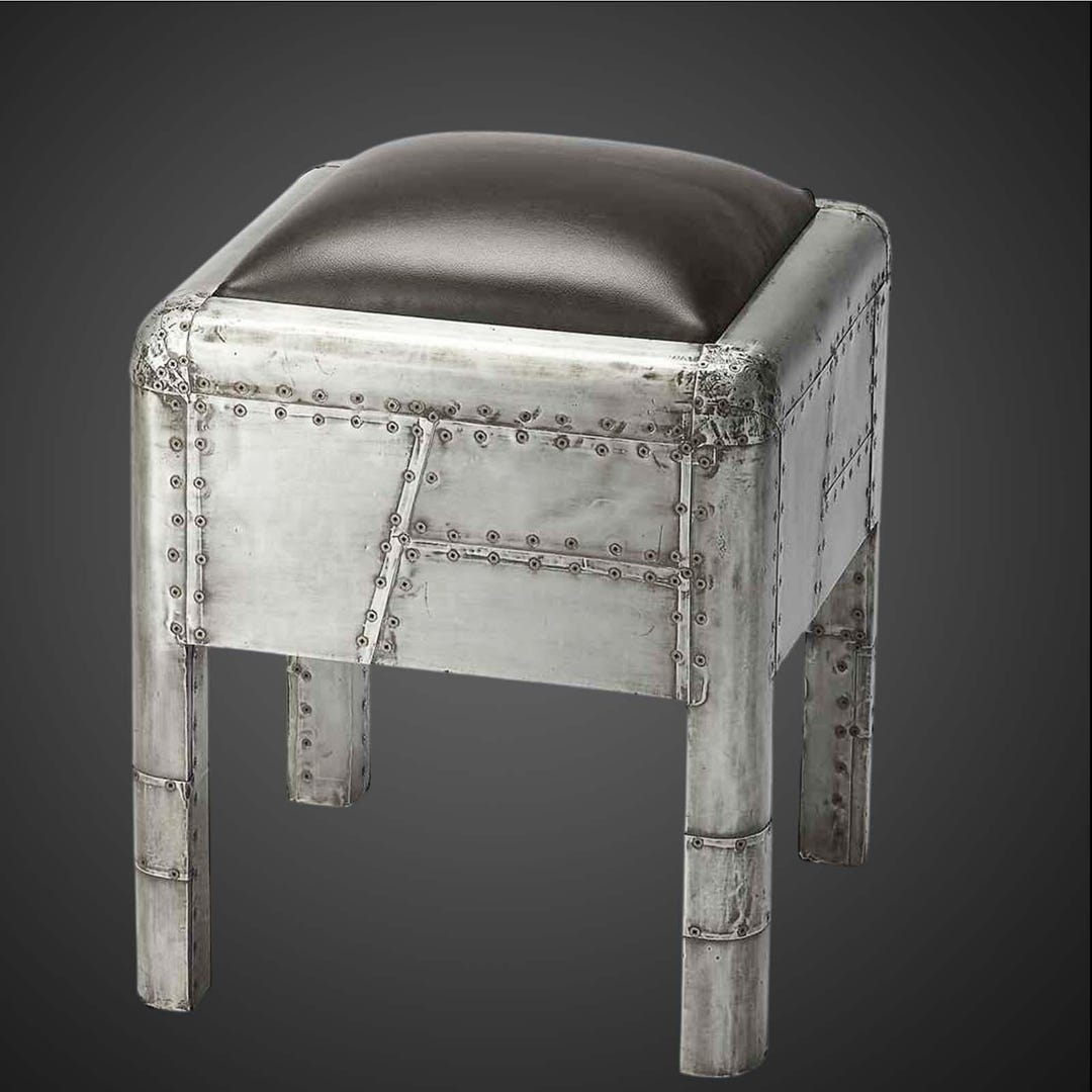 Aviator Industrial Stool Ottoman | Aluminum Riveted Seat With Leather ...