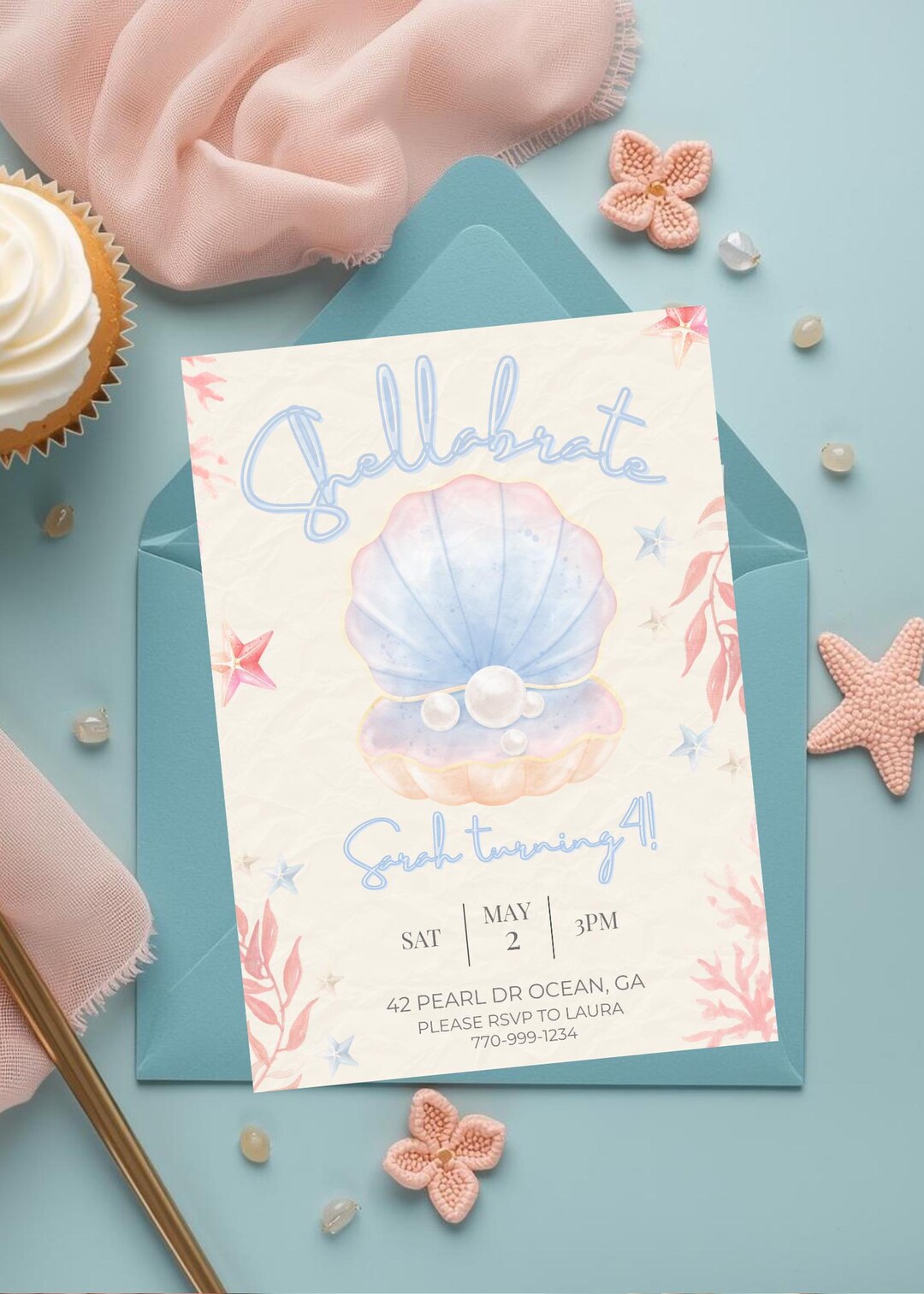 Seashell Under the Sea Birthday Invitation, Pastel, Coastal, Shells ...