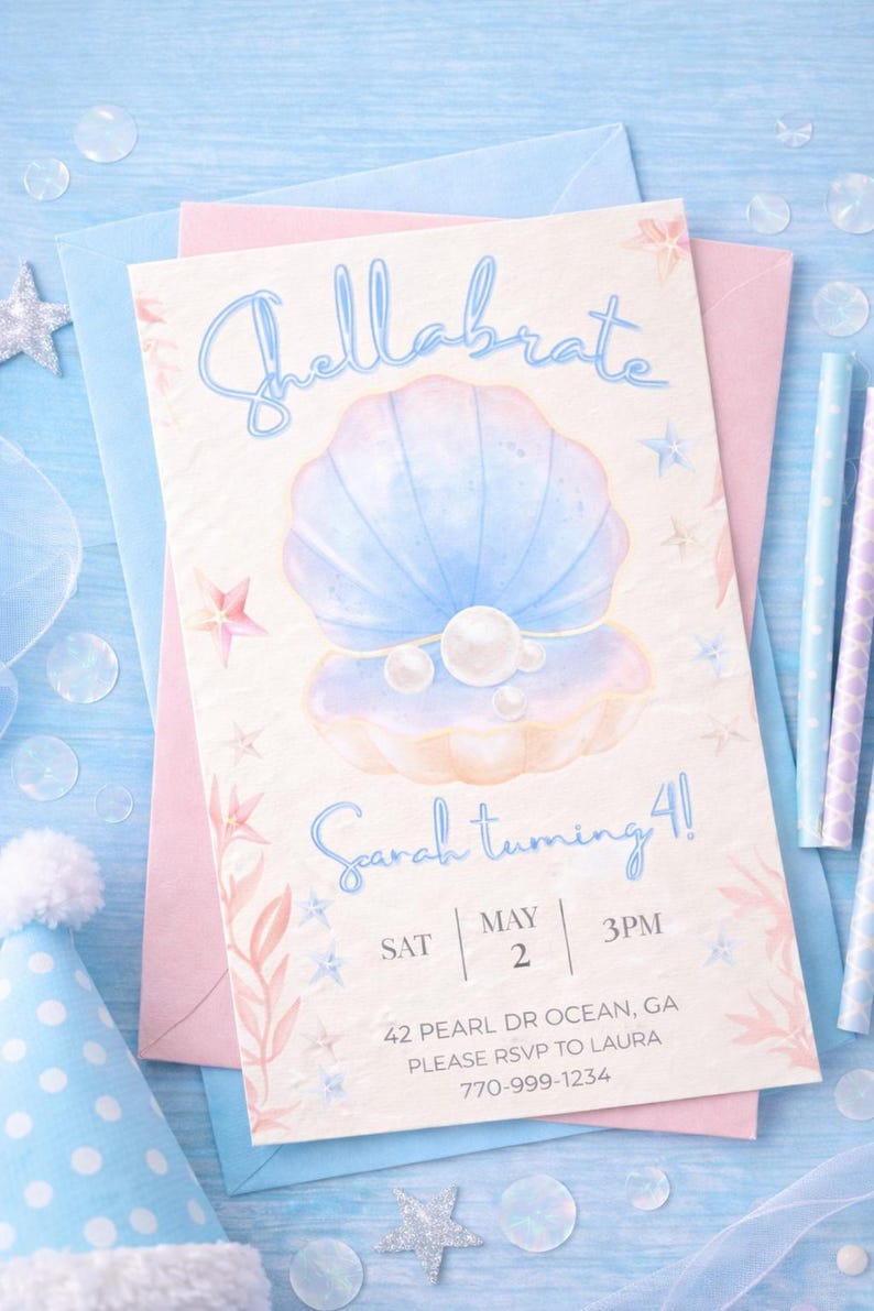 Seashell Under the Sea Birthday Invitation, Pastel, Coastal, Shells ...