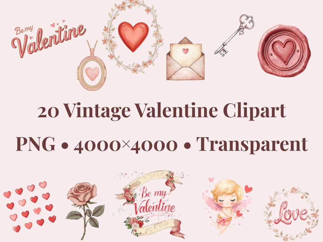 20 Vintage Valentine Clipart – Set 1 | Watercolor Hearts, Flowers ...