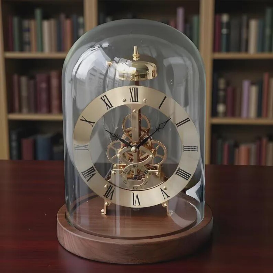 Handmade Skeleton Clock Under Glass Dome – Vintage Table Clock on Solid ...