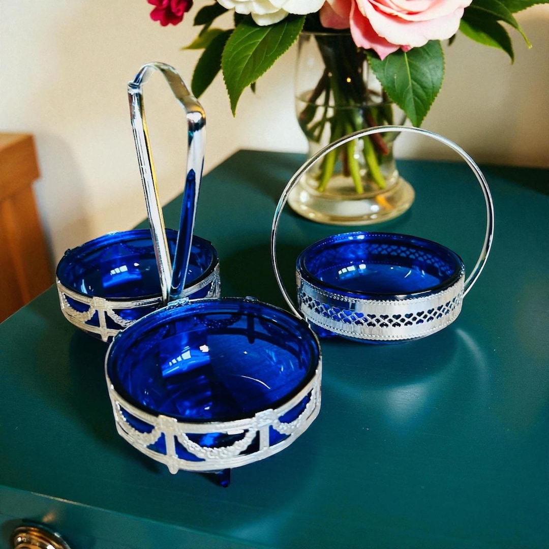 Elegant Three-bowl Server in Cobalt Blue Glass and Metal. - Etsy