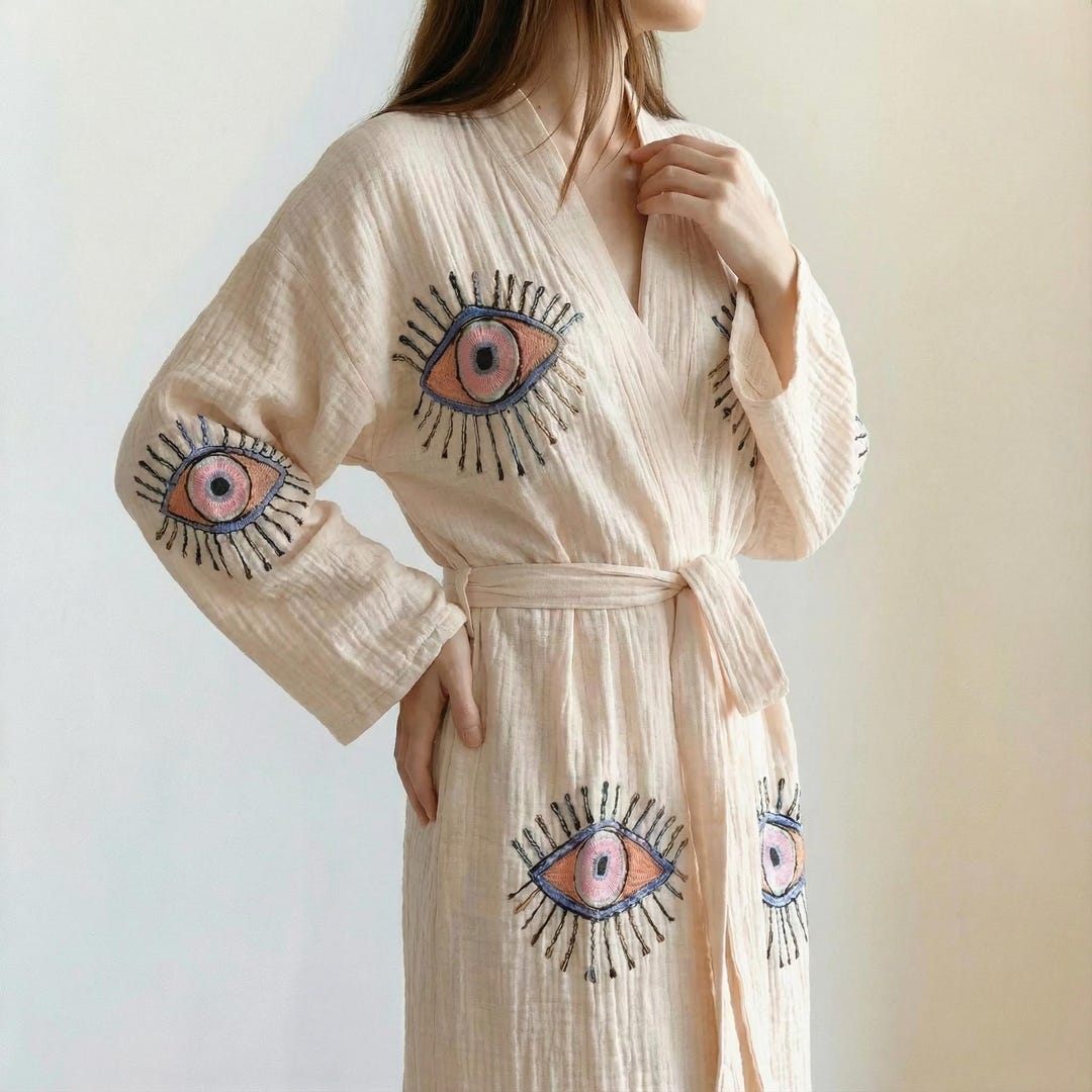 Hand Embroidered Evil Eye Kimono Robe – Boho Cotton Robe Dress ...
