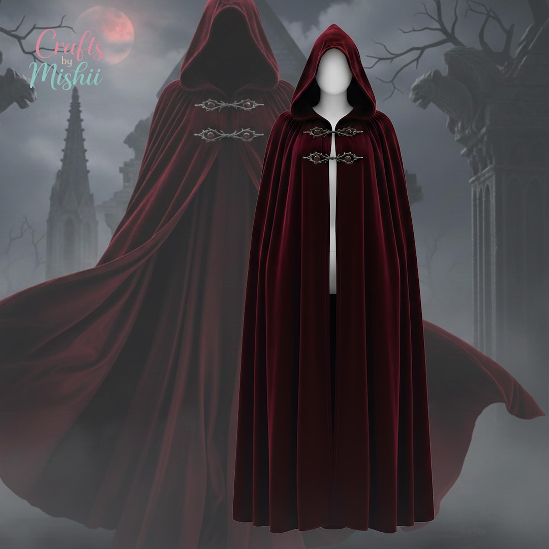 Gothic Velvet Hooded Cloak Medieval Fantasy Cape Vampire Witch Cosplay ...
