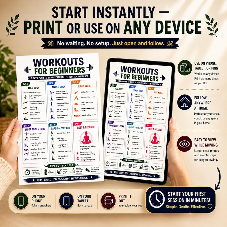 Beginner 6-day Workout Plan, Full Body Home Fitness Routine Poster (PDF ...