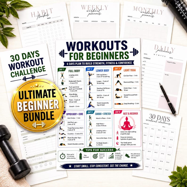 Beginner Workout Plan Bundle, 6-day Fitness Challenge, Habit Tracker ...