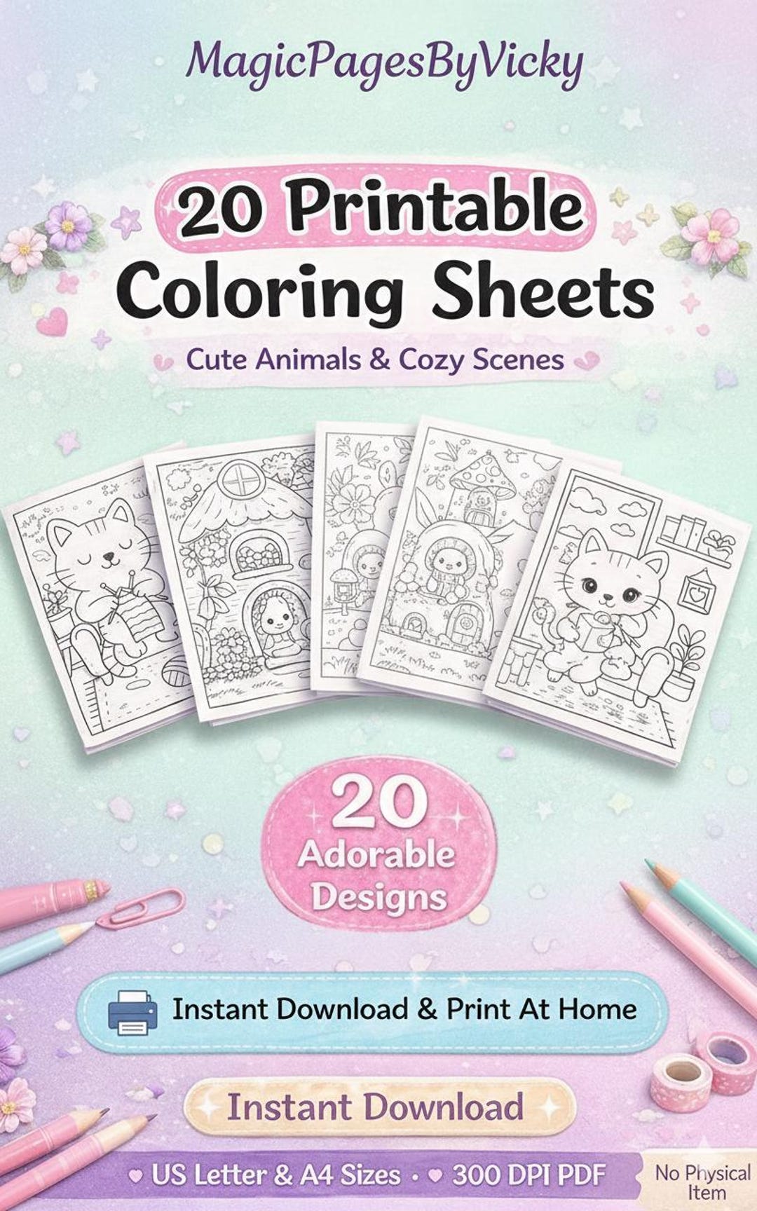 20 Printable Coloring Pages – Cute Animals & Cozy Scenes - Etsy