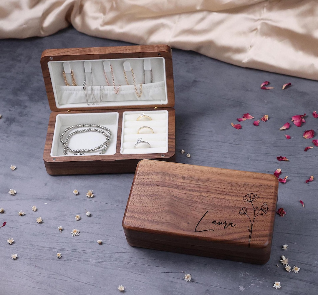 Personalized Jewelry Box, Travel Case for Women, Valentines Day Gifts for Her, Engraved Wood ...