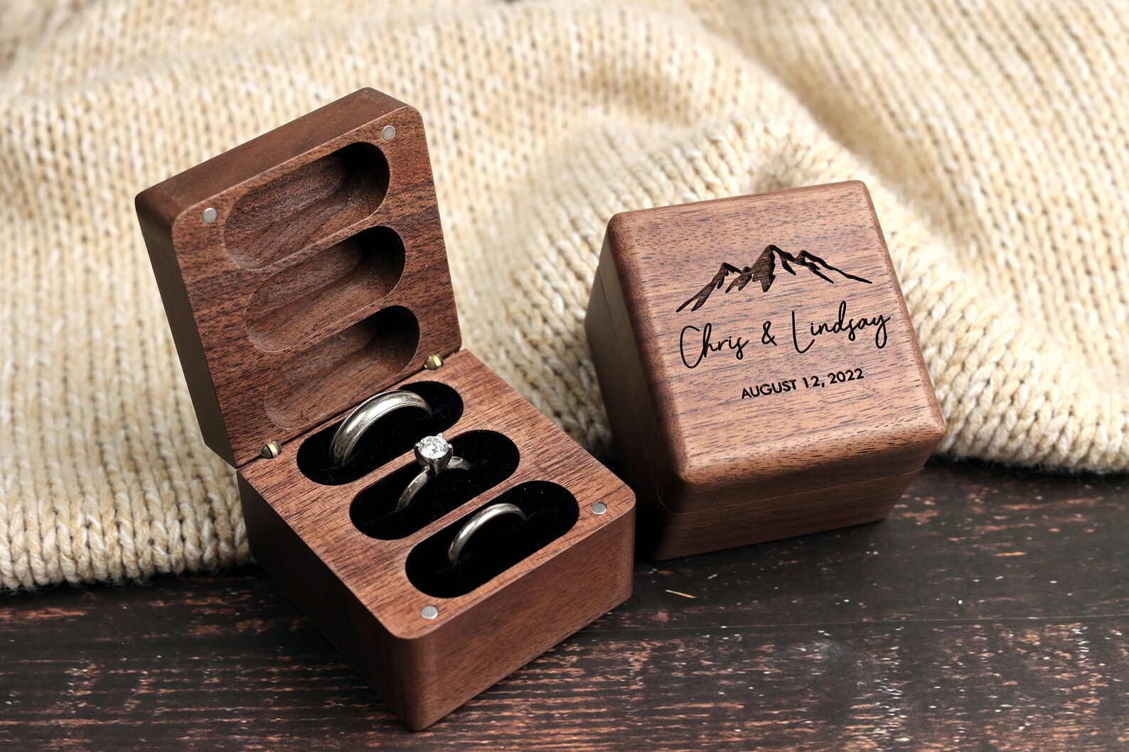 Custom Wedding Ring Box Triple Ring Wooden Ring Box - Etsy