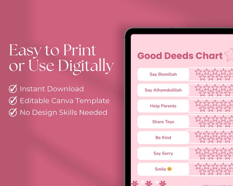 Pink Ramadan Good Deeds Chart for Girls, Islamic Kids Reward Tracker ...