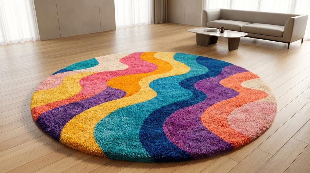 Hand-tufted Rainbow Wave Round Rug – Plush Shaggy Wool Blend Carpet - Etsy