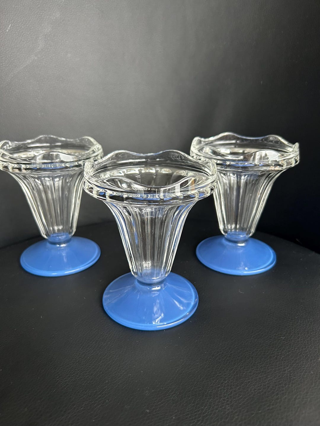 Vintage French Glass Sundae Dishes • Blue Base • Set of 3 • - Etsy