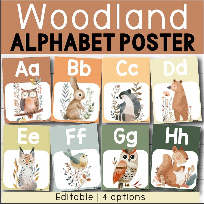 Editable Woodland Alphabet Posters Cursive ASL Classroom Decor ...