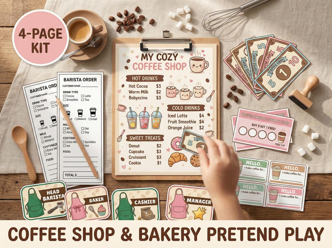 Coffee Shop Dramatic Play Set, Kids Cafe Pretend Play Menu, Barista ...