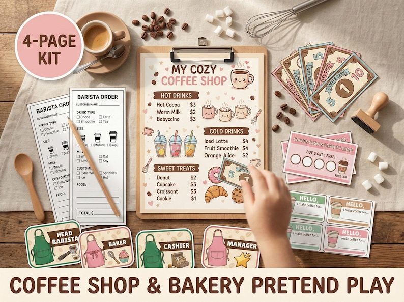 Coffee Shop Dramatic Play Set, Kids Cafe Pretend Play Menu, Barista ...