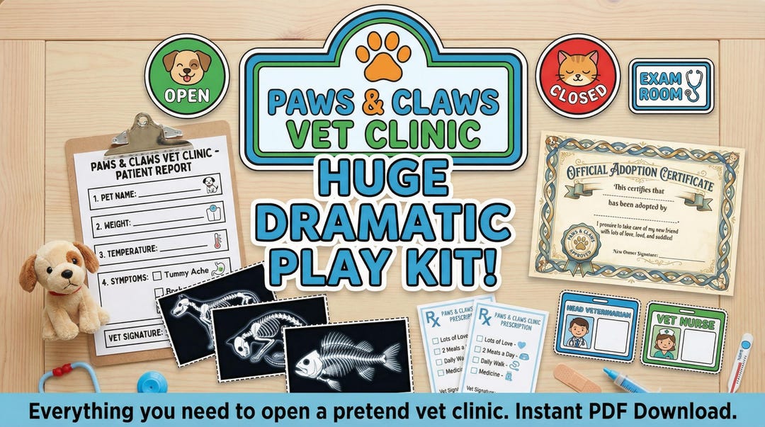 Vet Clinic Dramatic Play Set, Pet Hospital Pretend Menu, Kids Doctor ...