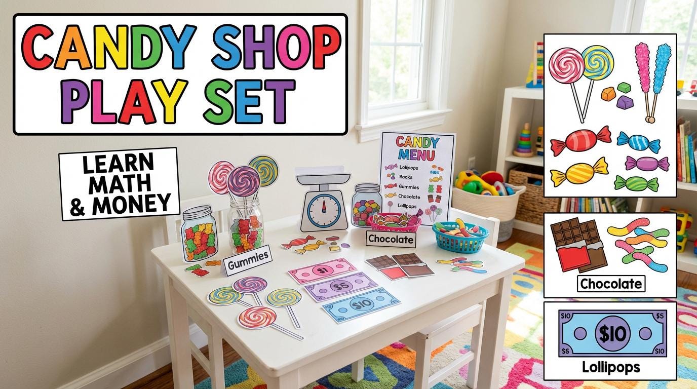 Candy Shop Dramatic Play, Preschool Math Game, Money Learning Activity ...