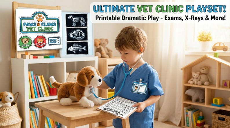 Vet Clinic Dramatic Play Set, Pet Hospital Pretend Menu, Kids Doctor ...