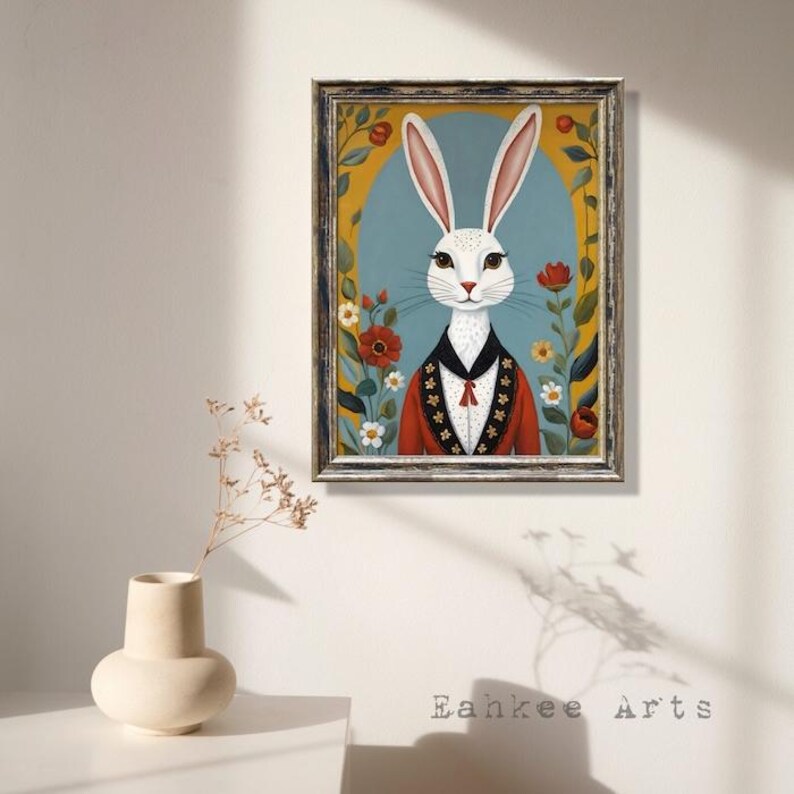 Folk Art Rabbit Painting Print, Colorful Wall Art, Whimsical Woodland ...
