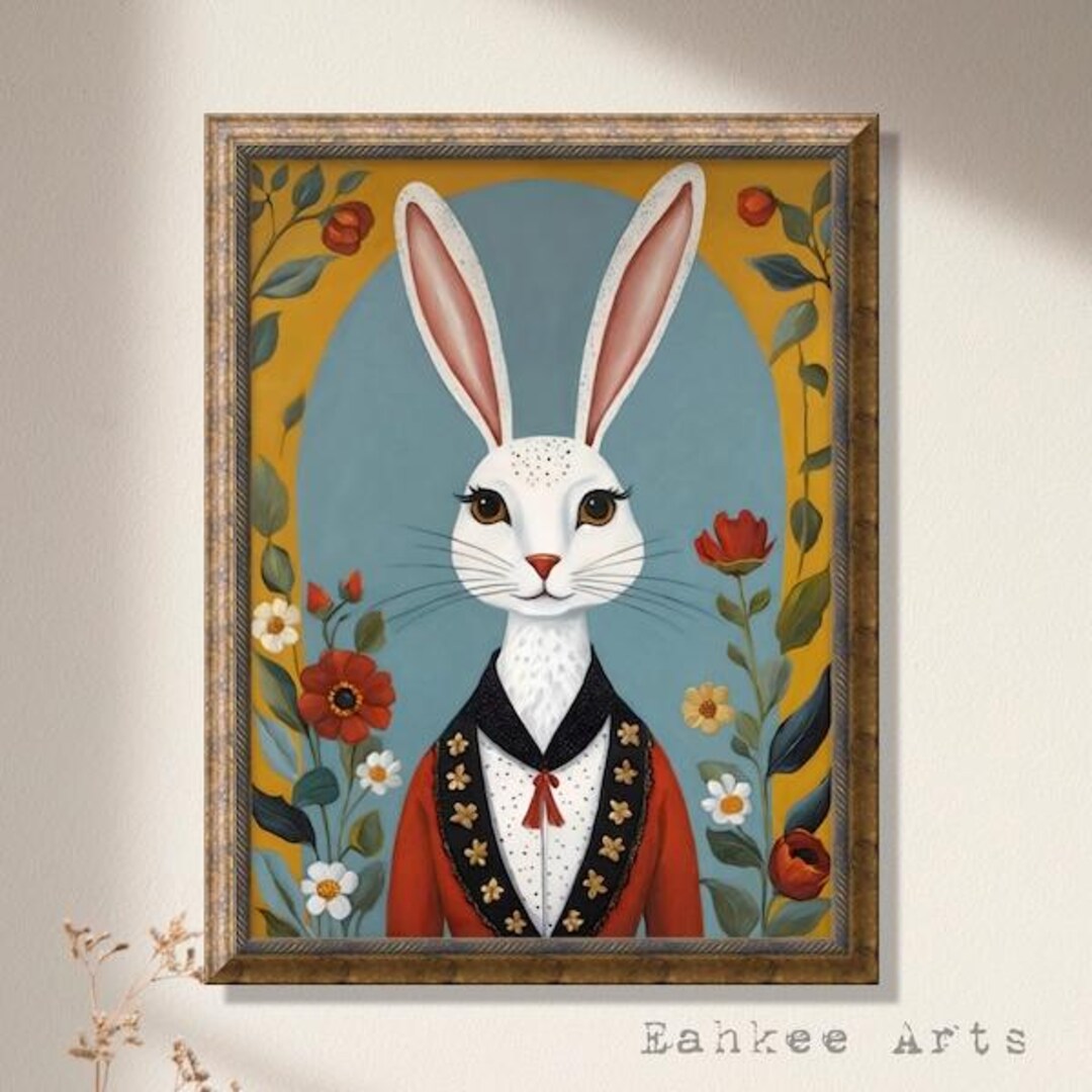 Folk Art Rabbit Painting Print, Colorful Wall Art, Whimsical Woodland ...