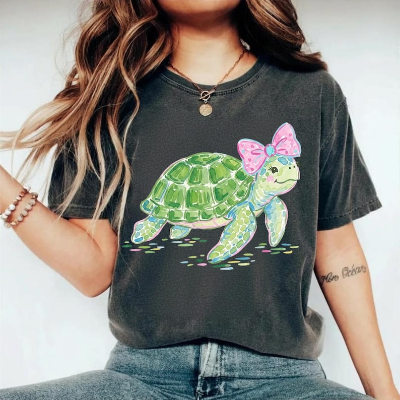 Preppy Turtle Pink Bow PNG, Watercolor Coastal Sublimation Design ...