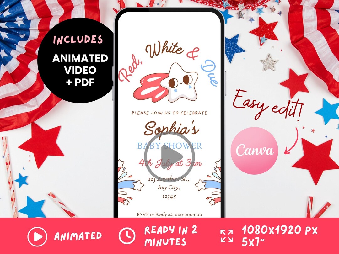 Red White and Due Baby Shower Animated Invitation, 4th of July Theme ...