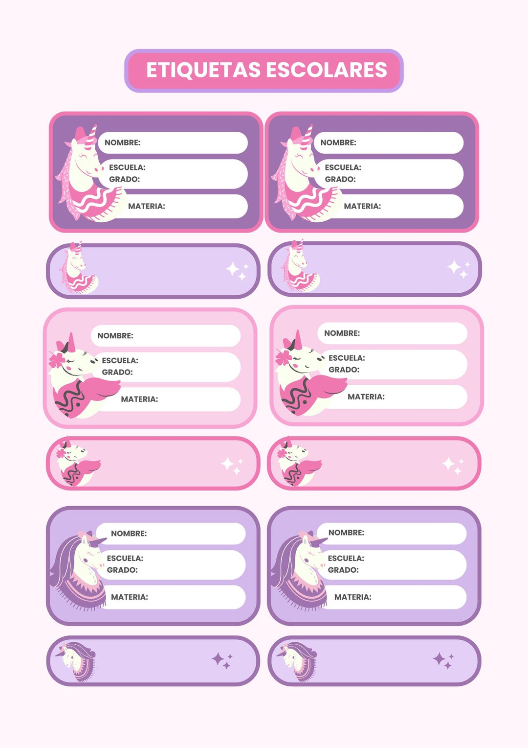 Printable Unicorn School Labels PDF | Personalized Labels for Notebooks ...