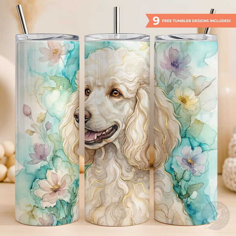 Floral Watercolor Poodle Tumbler Wrap PNG | Cute Poodle 20oz Skinny ...