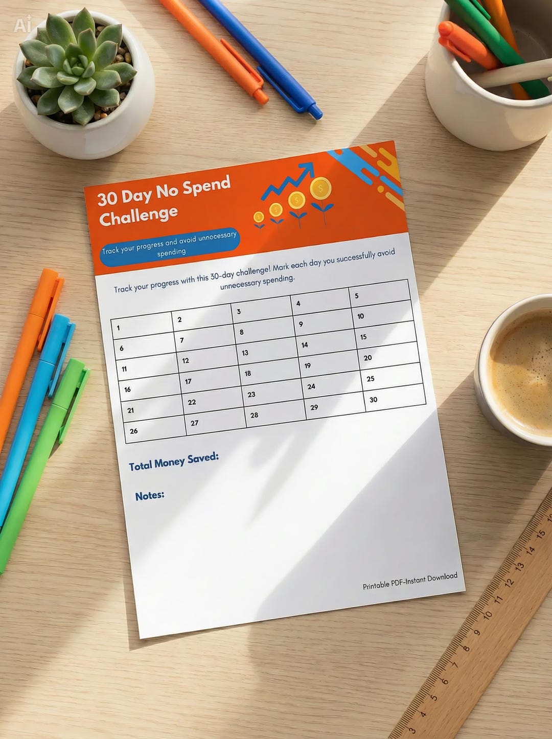 30 Day No Spend Challenge Printable, Money Saving Challenge, Budget ...
