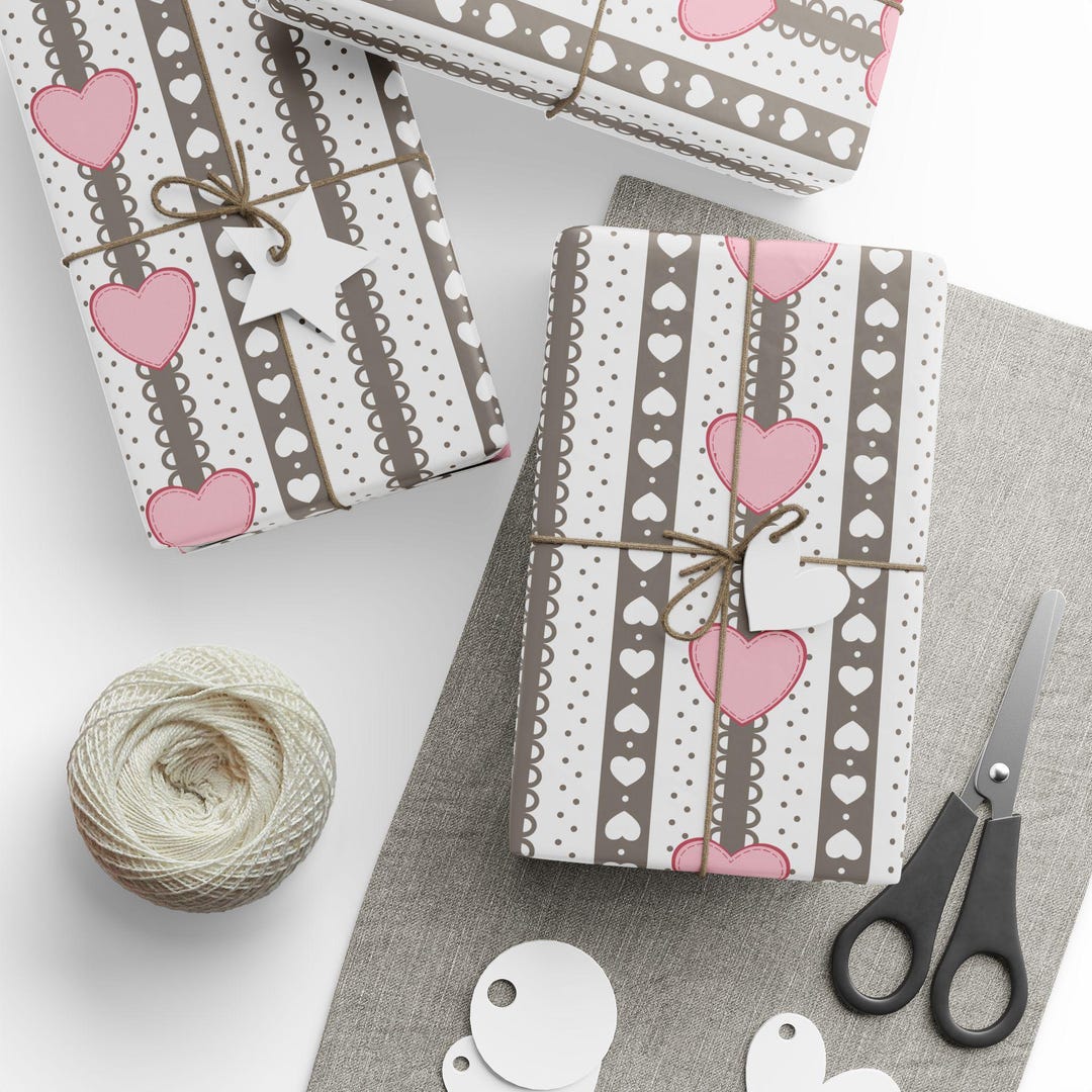 Pink Heart Chain Pattern Wrapping Paper | Polka Dot Valentine Gift Wrap ...