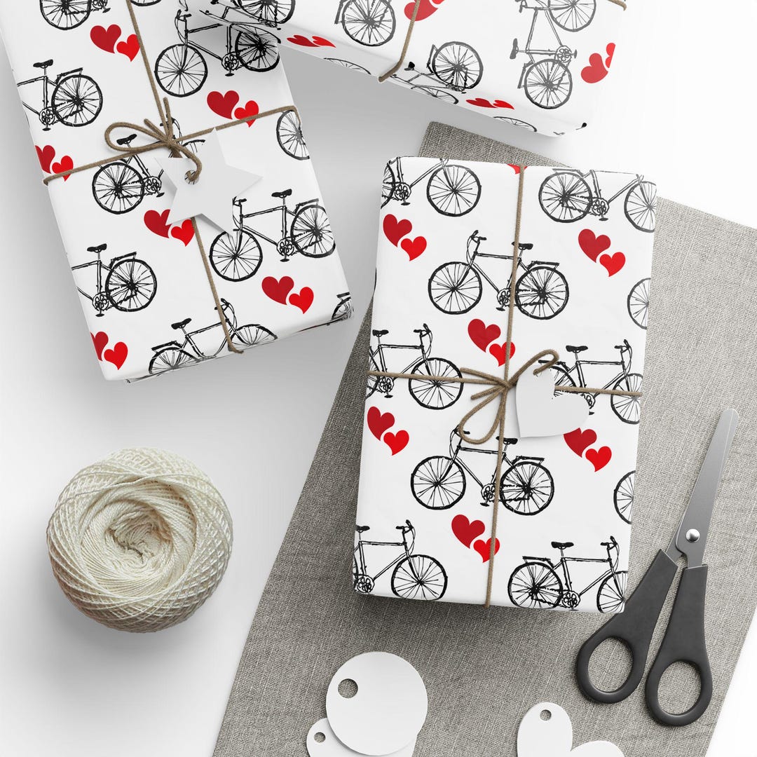 Bicycle Hearts Wrapping Paper | Roll of Gift Wrap, Bike Pattern - Etsy