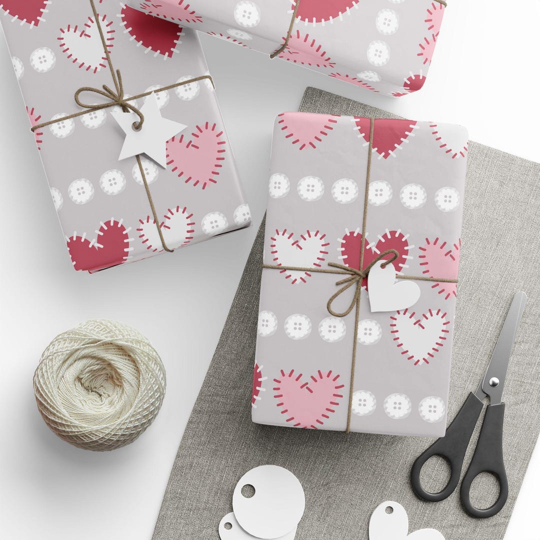 Pink Heart Pattern Wrapping Paper | Buttons and Stiches Valentine Gift ...