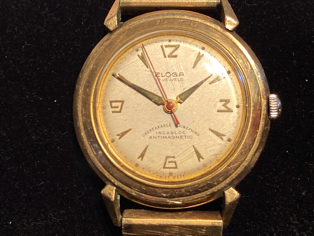 SALE ! Antique ELOGA 17 Jewels Mens Wrist Watch Jewelry Mid Century ...