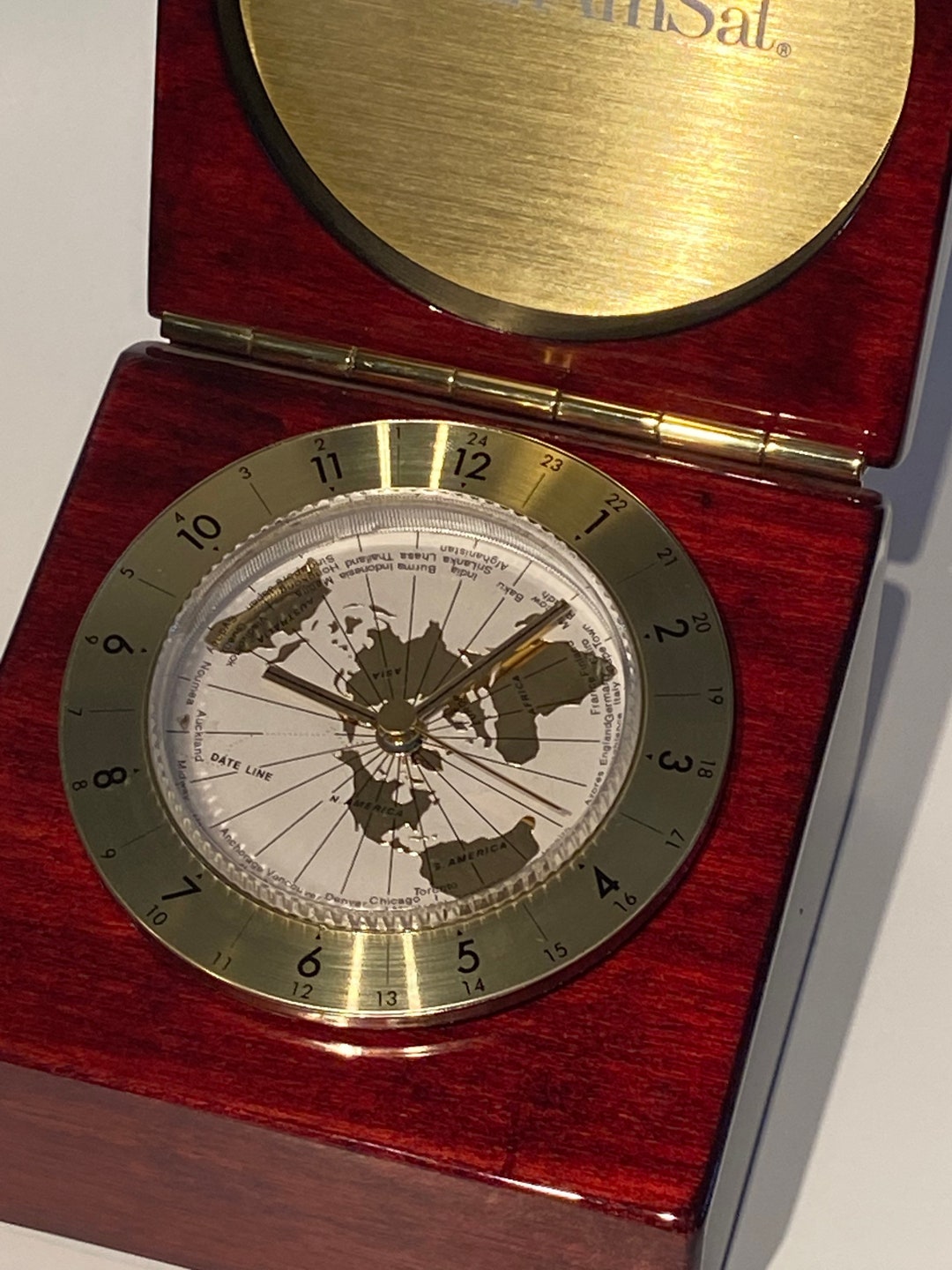 SALE Large Executive Desk Clock Global Pan Am Sat Cube Wood Box Wooden ...