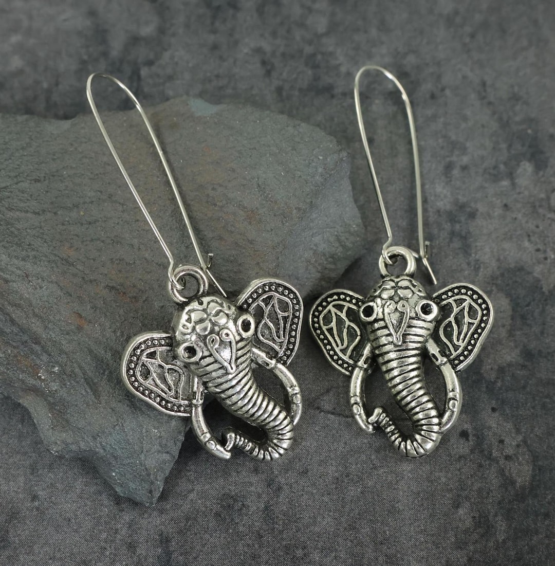Decorated Elephant PIERCED Earrings; Detailed Silver Plated Asian ...