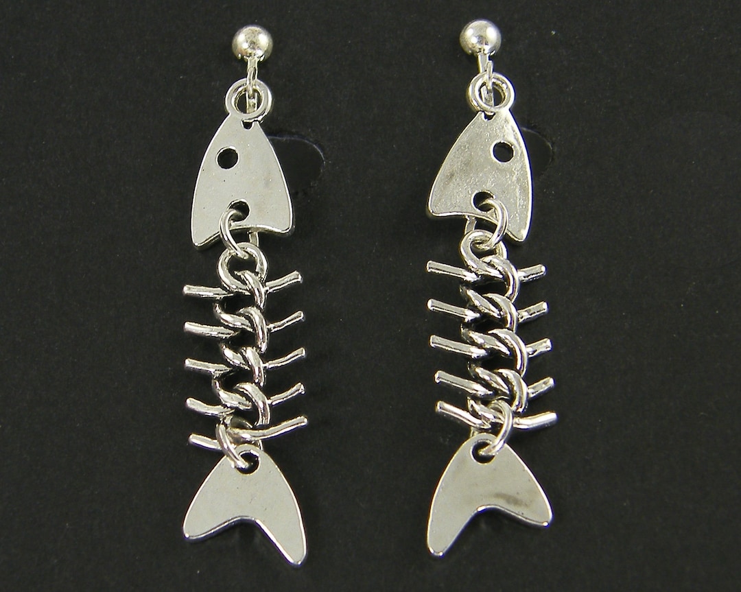 Fishbone Clip on Earrings Silver, Fish Bone Skeleton Clip Earrings ...
