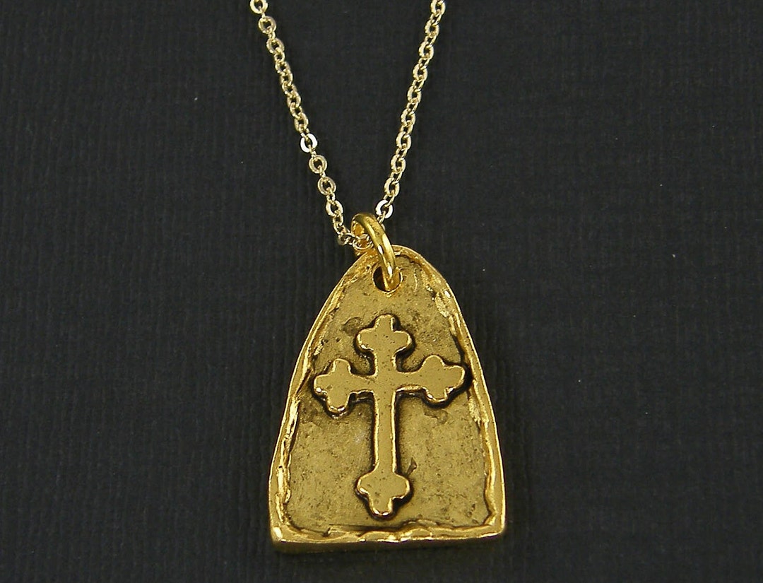 Rustic Gold Cross Necklace, Gold Trinity Cross Necklace, Christian Baptism Gift, Religious Faith ...